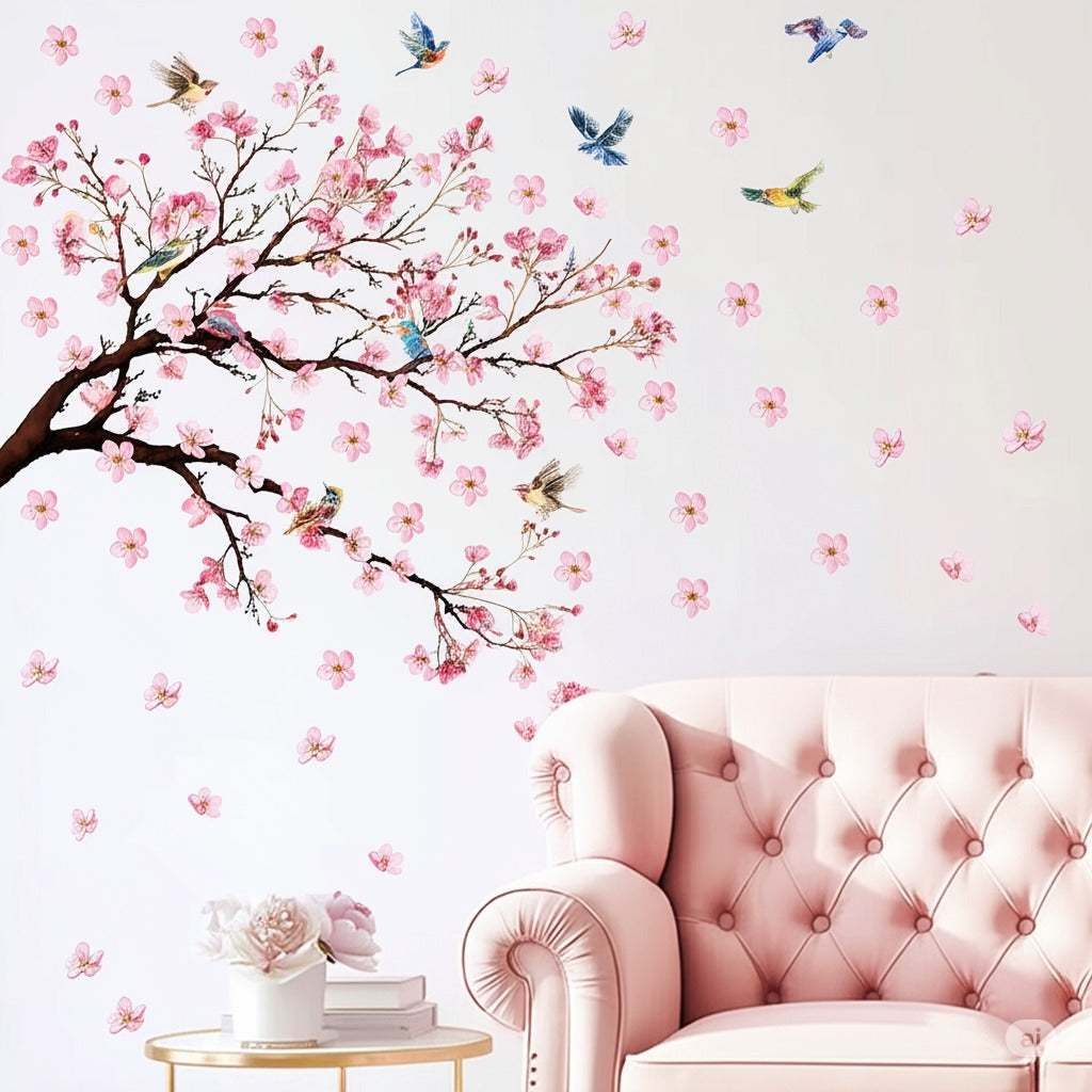 Cherry Blossom Wall Decals with Birds – Elegant Nature-Inspired Decor ...